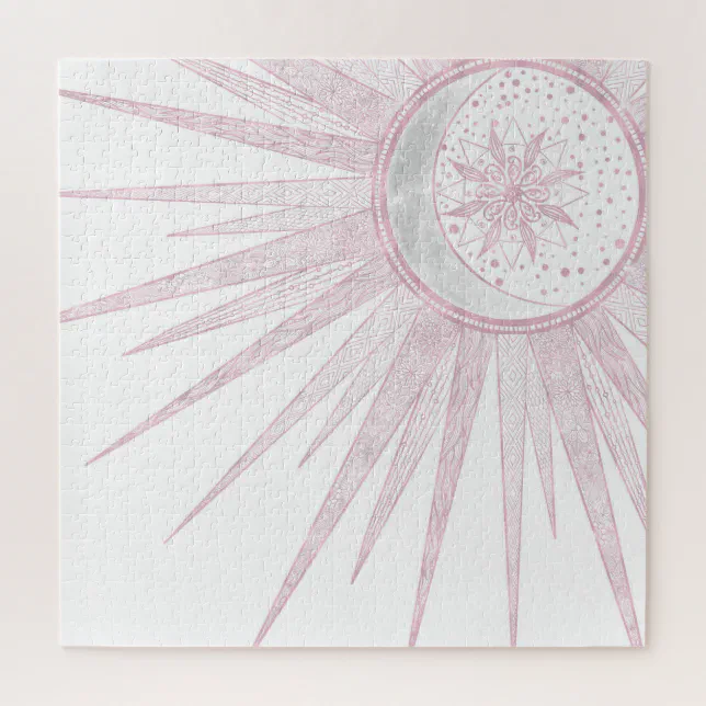 Elegant Pink Sun Moon Doodle Mandala White Design Jigsaw Puzzle | Zazzle