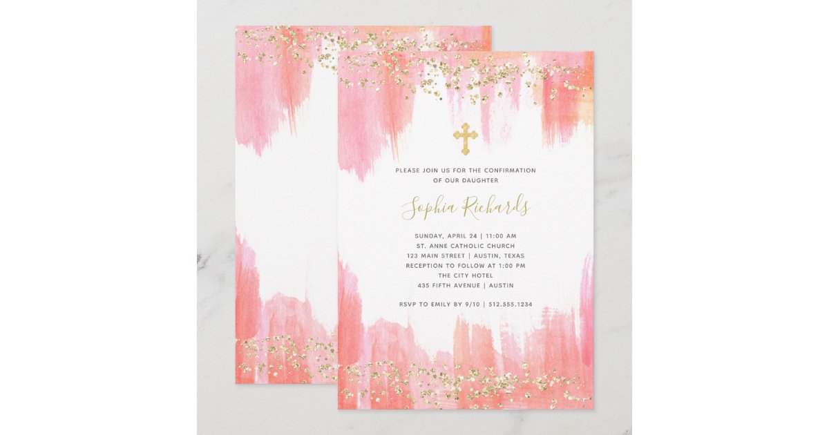 Elegant Pink Watercolor and Gold | Confirmation Invitation | Zazzle.com