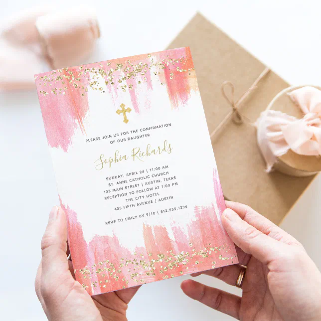 Elegant Pink Watercolor and Gold | Confirmation Invitation | Zazzle