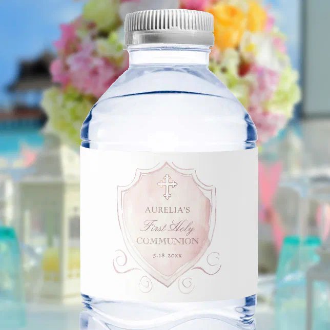 Elegant Pink Watercolor Crest First Communion Water Bottle Label | Zazzle