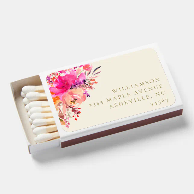 Elegant Pink Watercolor Floral Address Wedding Matchboxes | Zazzle