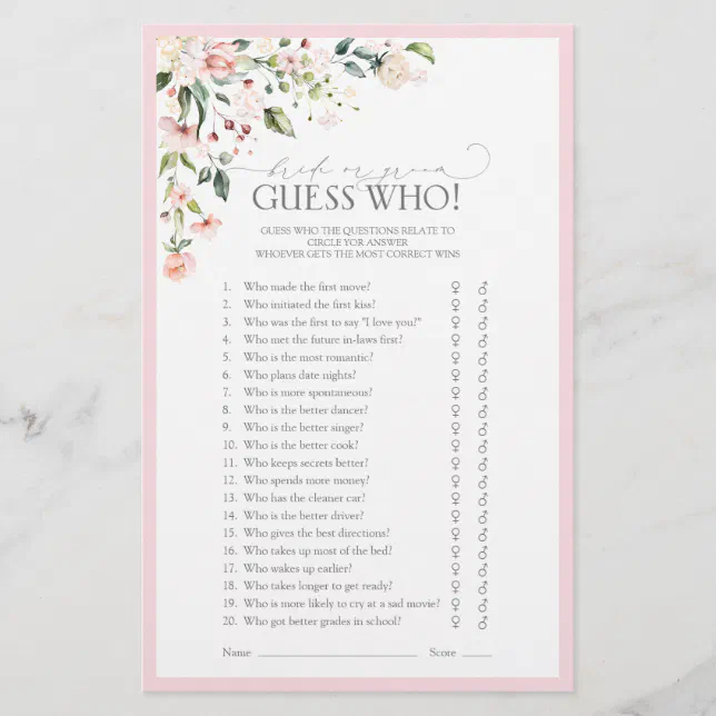 Elegant Pink Watercolor Floral Bridal Shower Game | Zazzle