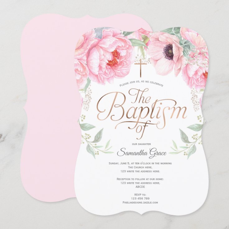 Elegant, Pink, Watercolor, Floral, Christening Invitation | Zazzle