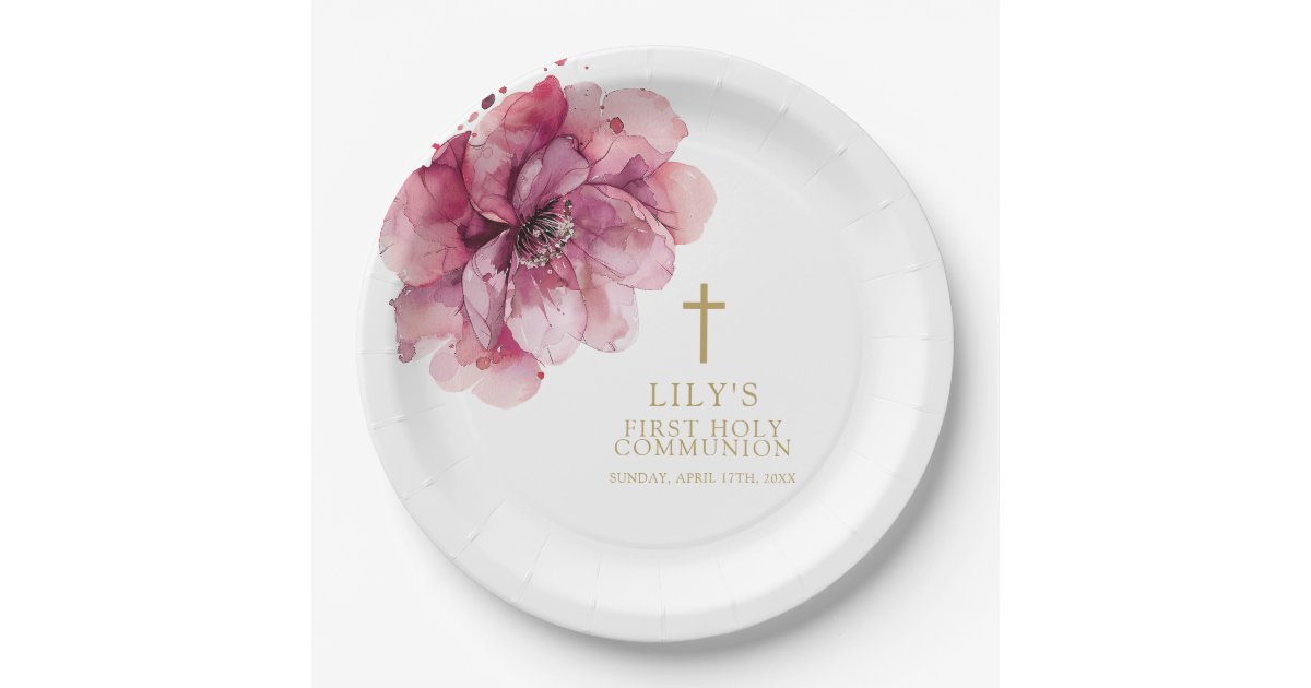 Elegant Pink Watercolor Floral Holy Communion Paper Plates | Zazzle
