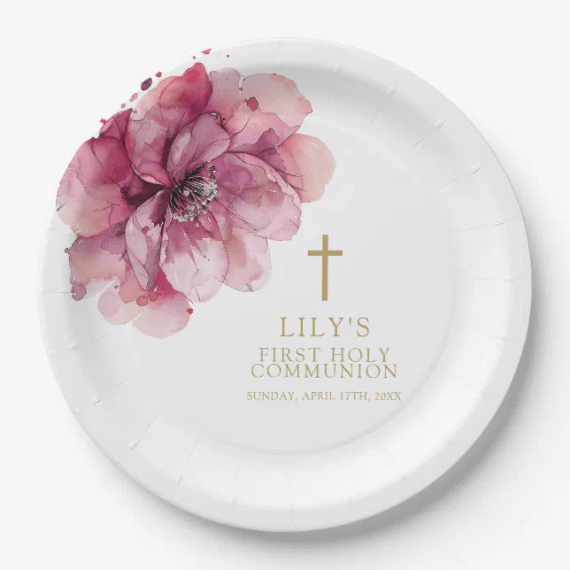 Elegant Pink Watercolor Floral Holy Communion Paper Plates | Zazzle