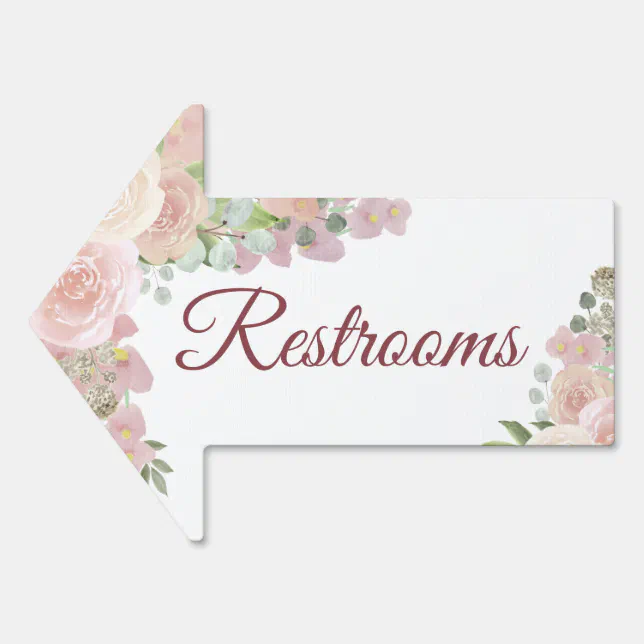 Elegant Pink Watercolor Floral Restrooms Arrow Sign | Zazzle