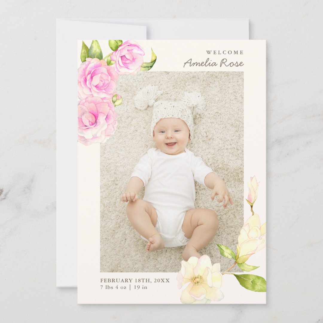 Elegant Pink Watercolor Flower Birth Announcement | Zazzle