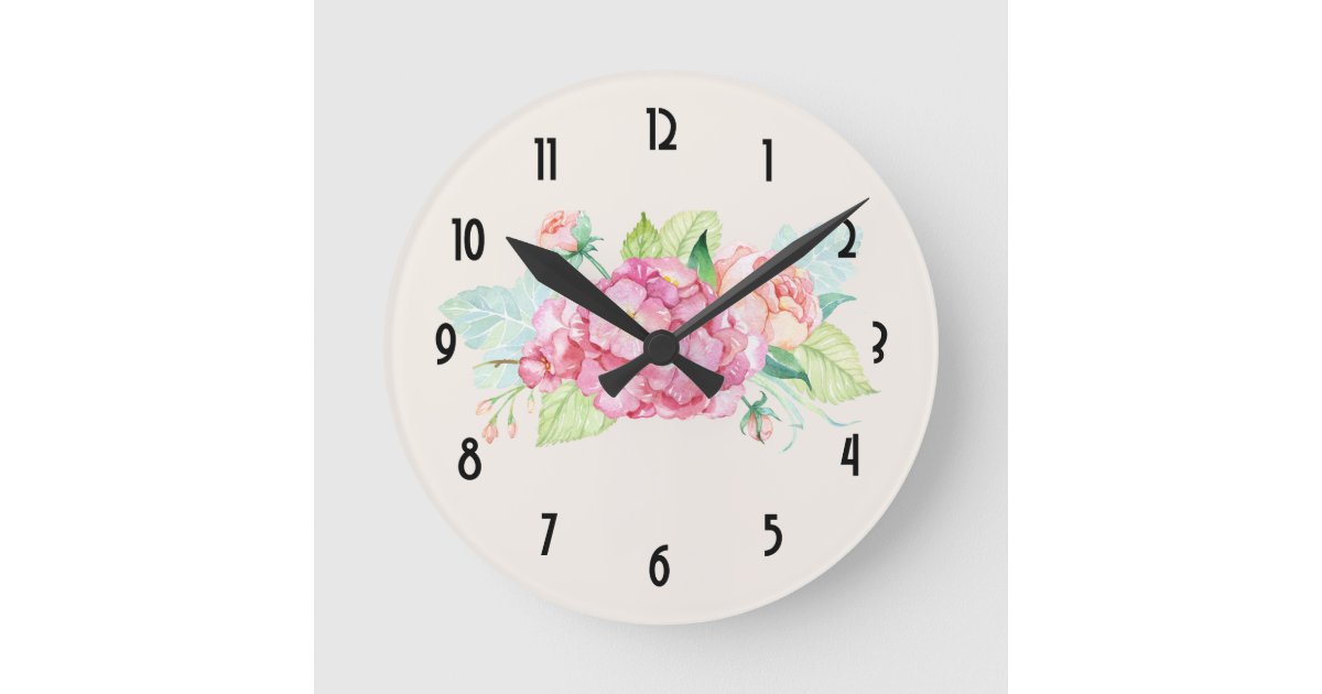 Elegant Pink Watercolor Flower Bouquet Round Clock | Zazzle