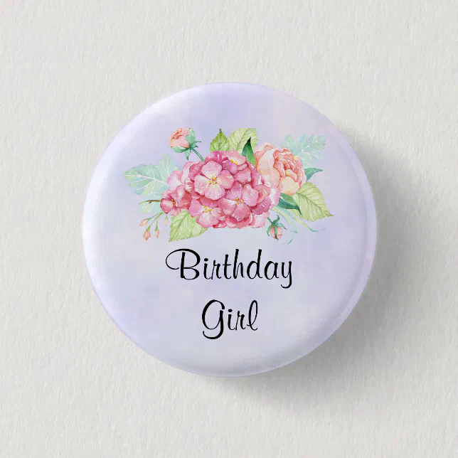 Elegant Pink Watercolor Flower Bunch Birthday Girl Button | Zazzle