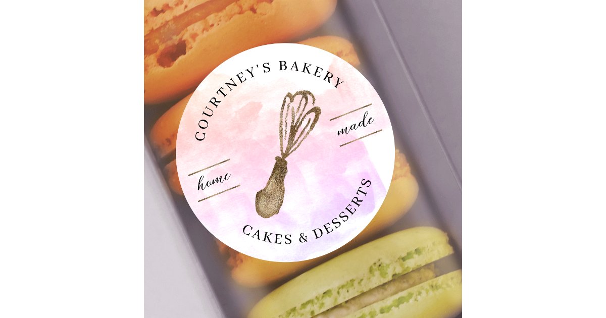 Elegant Pink Watercolor & Gold Glitter Bakery Classic Round Sticker ...