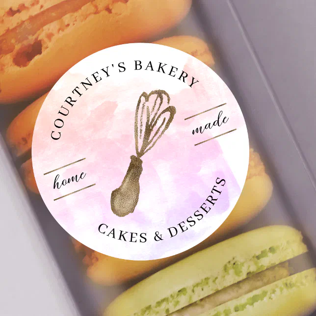 Elegant Pink Watercolor & Gold Glitter Bakery Classic Round Sticker ...