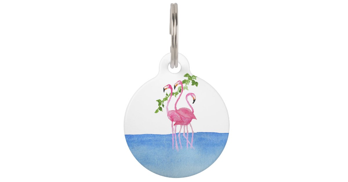 Elegant pink watercolor hand painted flamingo pet name tag | Zazzle