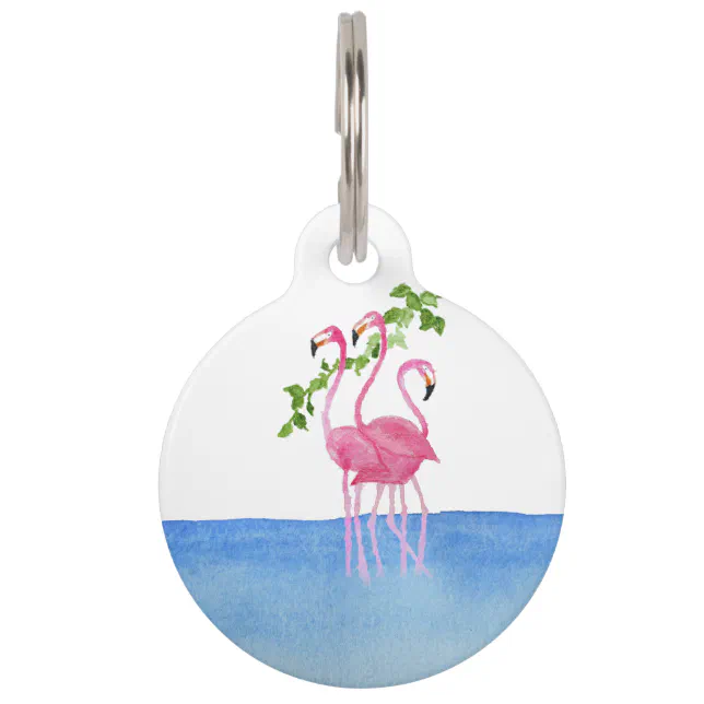 Elegant pink watercolor hand painted flamingo pet name tag | Zazzle