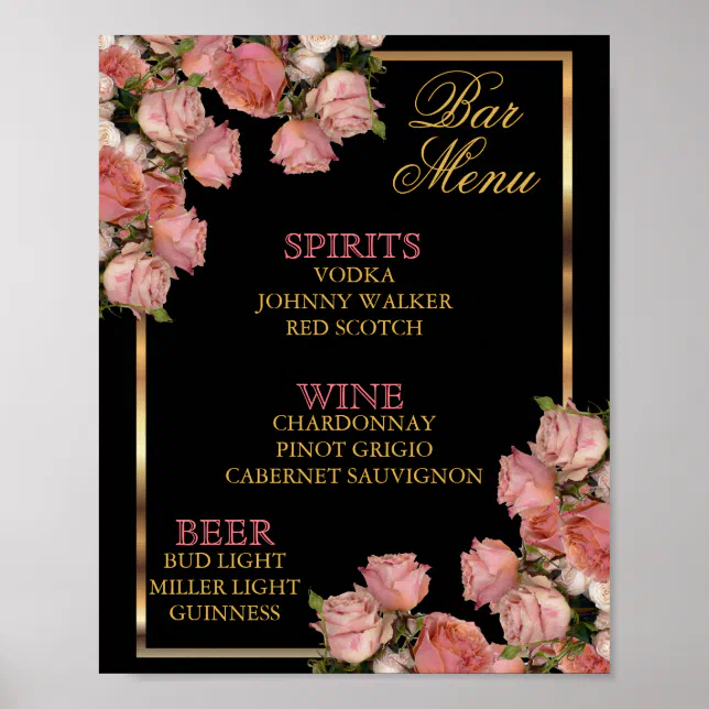 Elegant Pink Wedding Roses - Bar Menu Poster | Zazzle