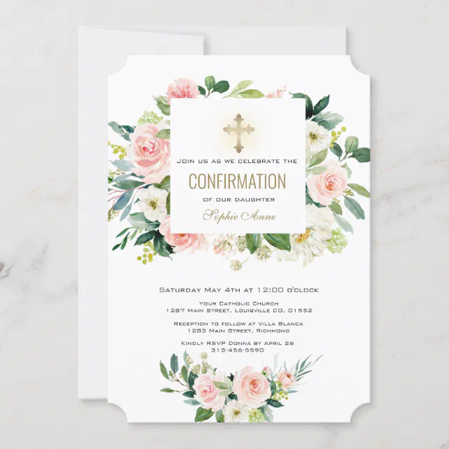 Elegant Pink White Floral Cross Confirmation Invitation | Zazzle