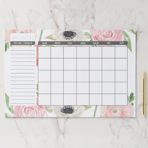 Elegant Pink & White Floral Monthly Calendar Paper Pad | Zazzle