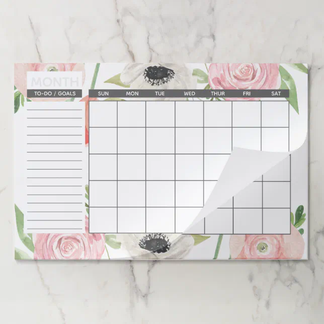 Elegant Pink & White Floral Monthly Calendar Paper Pad | Zazzle