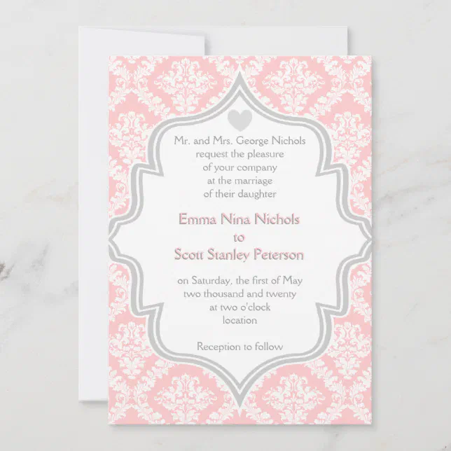 Elegant pink, white, grey damask wedding invitation | Zazzle