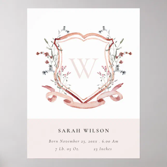 Elegant Pink Wildflower Crest Monogram Birth Stat Poster | Zazzle