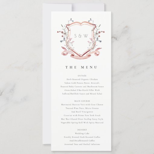 Elegant Pink Wildflower Crest Wedding Menu Card | Zazzle