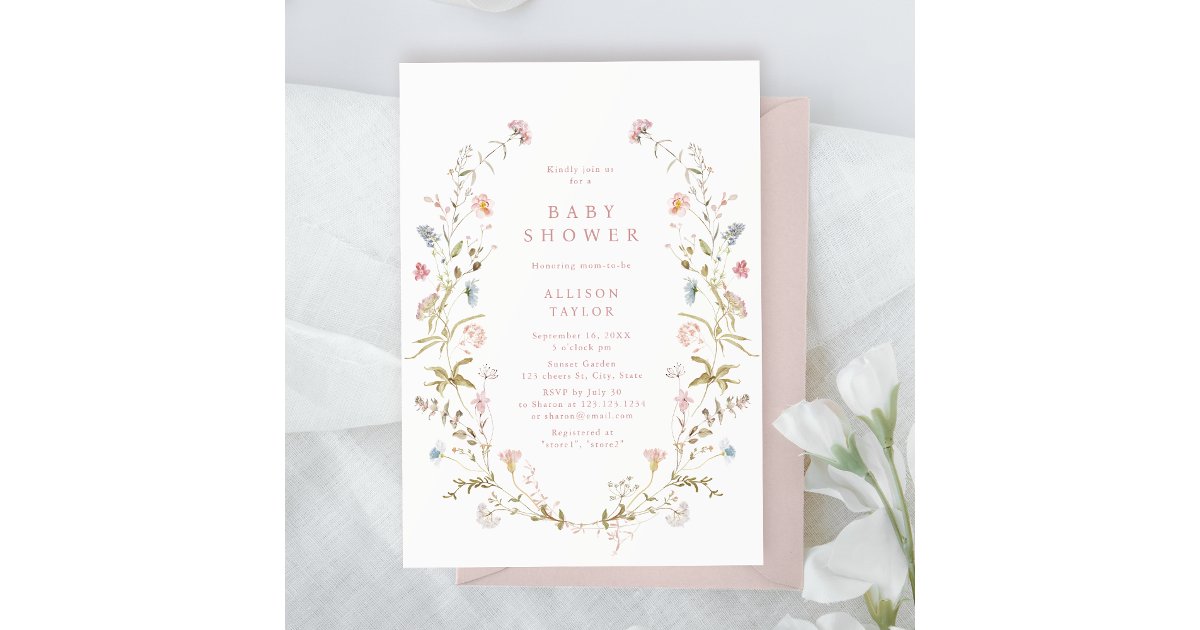 Elegant Pink Wildflower Rustic Boho Baby Shower Invitation | Zazzle