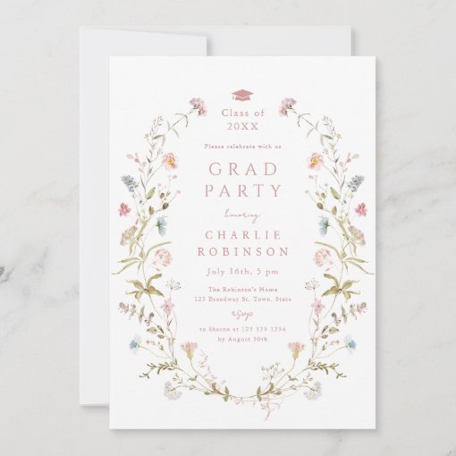 Elegant Pink Wildflower Rustic Boho Graduation Invitation | Zazzle