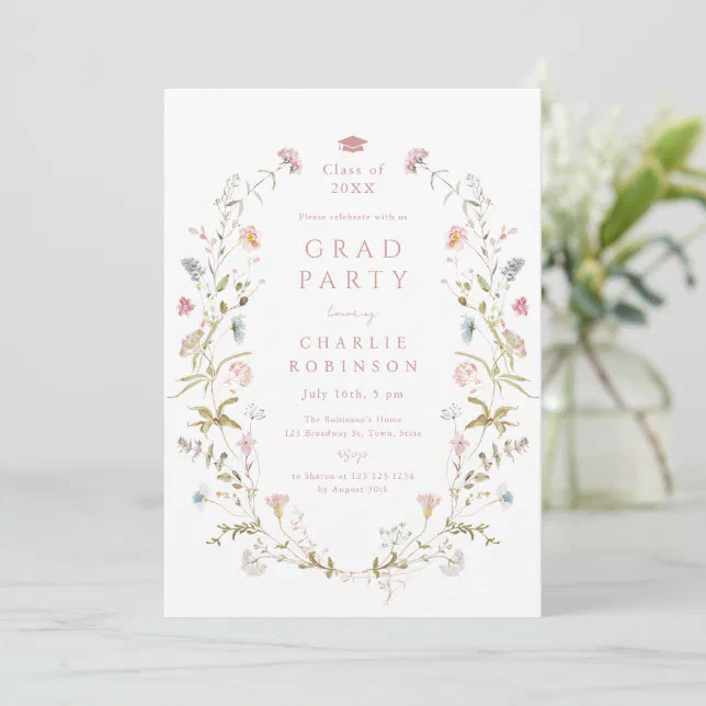 Elegant Pink Wildflower Rustic Boho Graduation Invitation | Zazzle