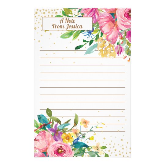 Elegant Pink Yellow Floral Gold Glitter Lined Stationery | Zazzle.com