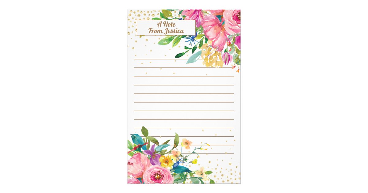 Elegant Pink Yellow Floral Gold Glitter Lined Stationery | Zazzle.com