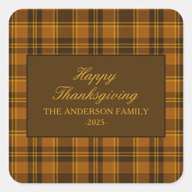 Elegant Plaid Thanksgiving Classic Custom Favor Square Sticker | Zazzle