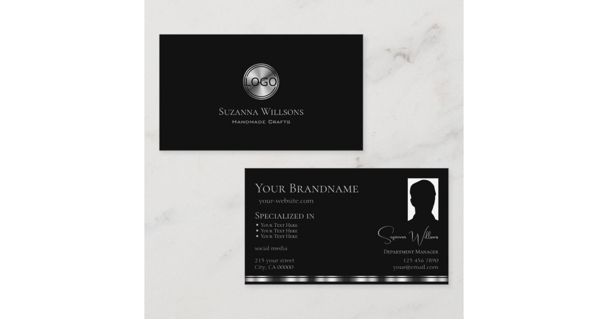 Elegant Plain Black Silver with Logo and Photo Business Card | Zazzle