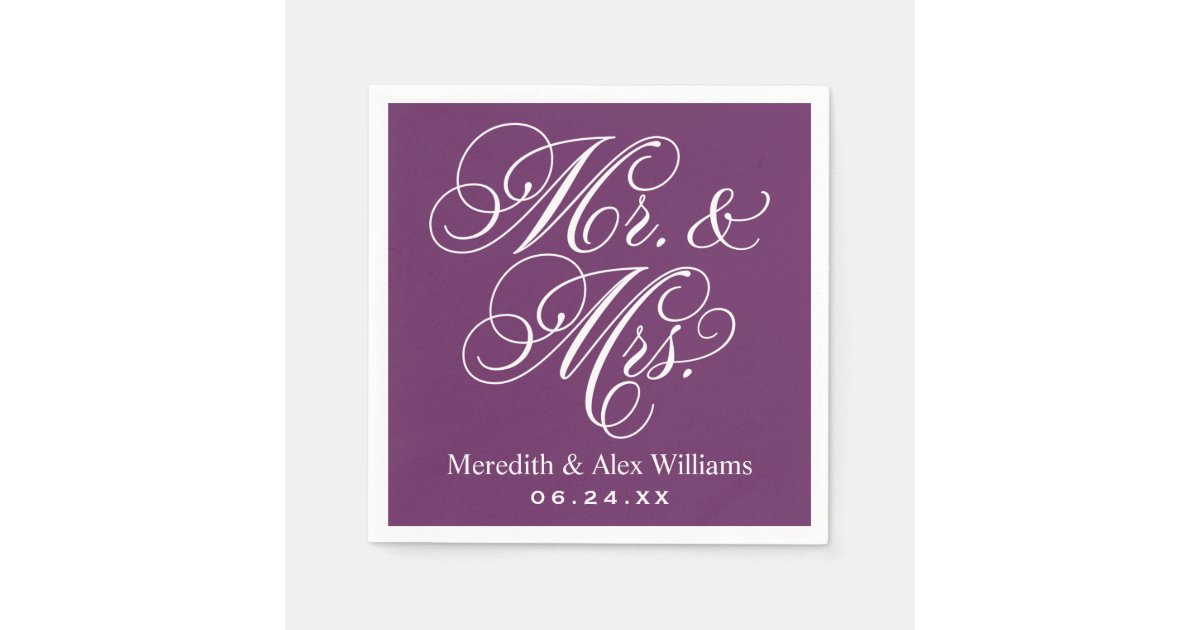 Elegant Plum Mr and Mrs Script Custom Monogram Paper Napkins | Zazzle