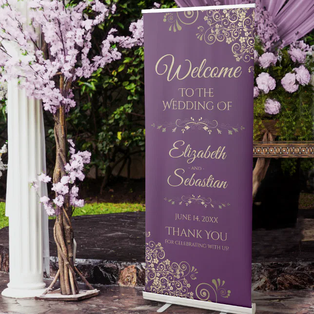 Elegant Plum Purple & Gold Lacy Wedding Welcome Retractable Banner | Zazzle