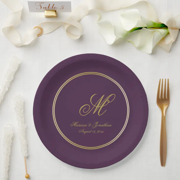 Elegant Plum Purple Gold Monogram Script Wedding Paper Plates | Zazzle