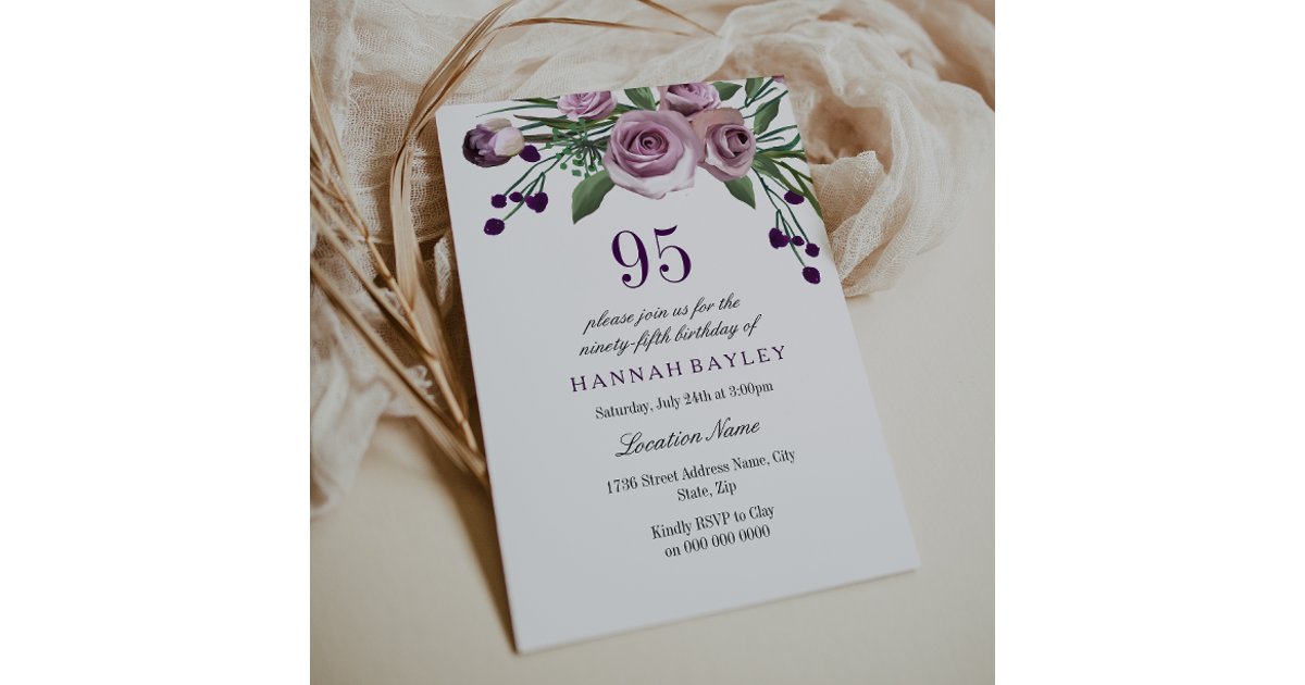 Elegant Plum Purple Rose 95th Birthday Invitation | Zazzle