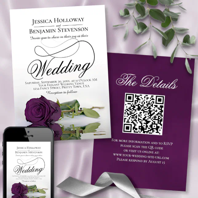Elegant Plum Purple Rose Fancy QR Code Wedding Invitation | Zazzle