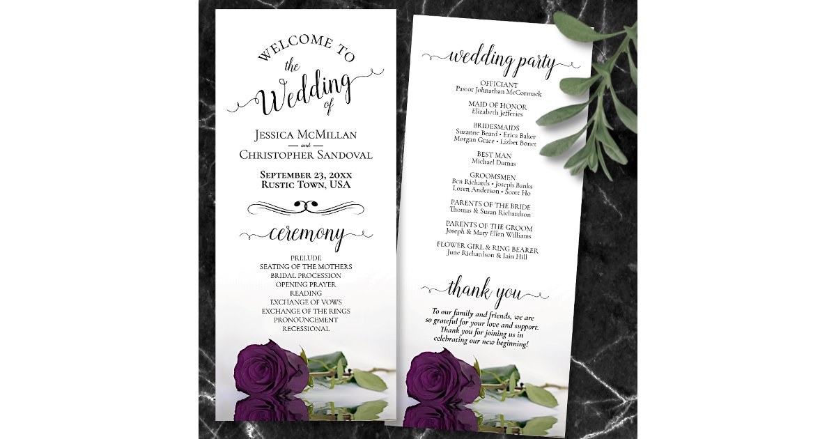 Elegant Plum Purple Rose Simple Romantic Wedding Program | Zazzle