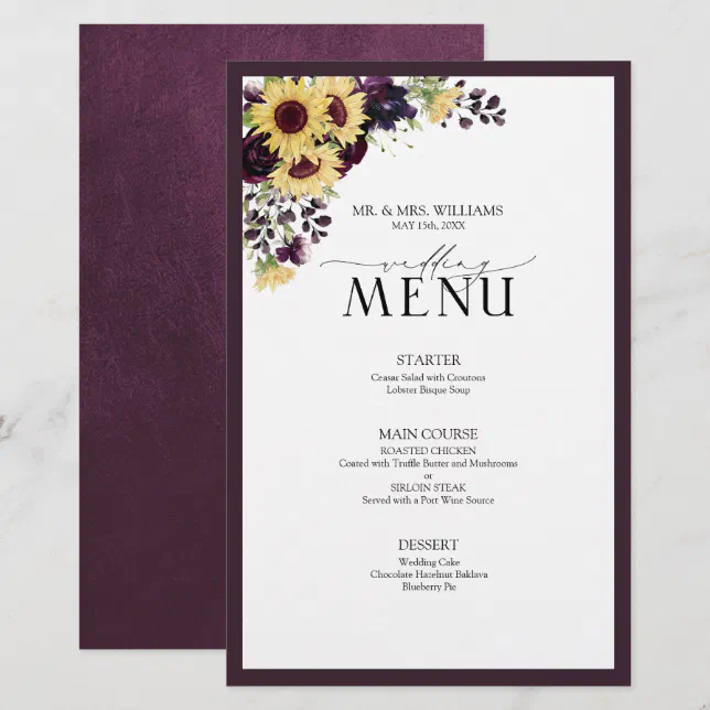 Elegant Plum Purple Sunflower Wedding Menu | Zazzle