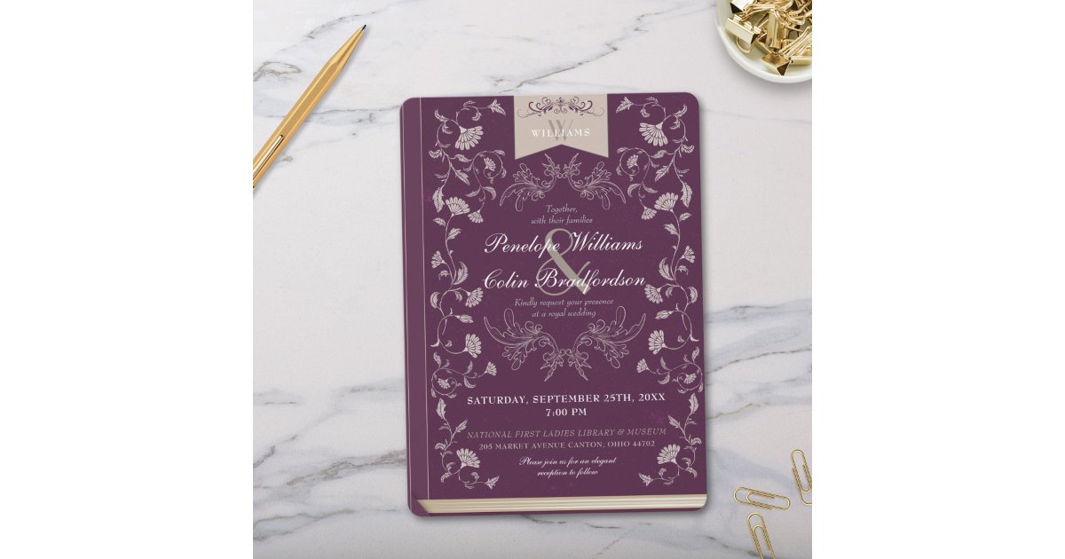 Elegant Plum Tan Vintage Floral Book Cover Wedding Invitation | Zazzle