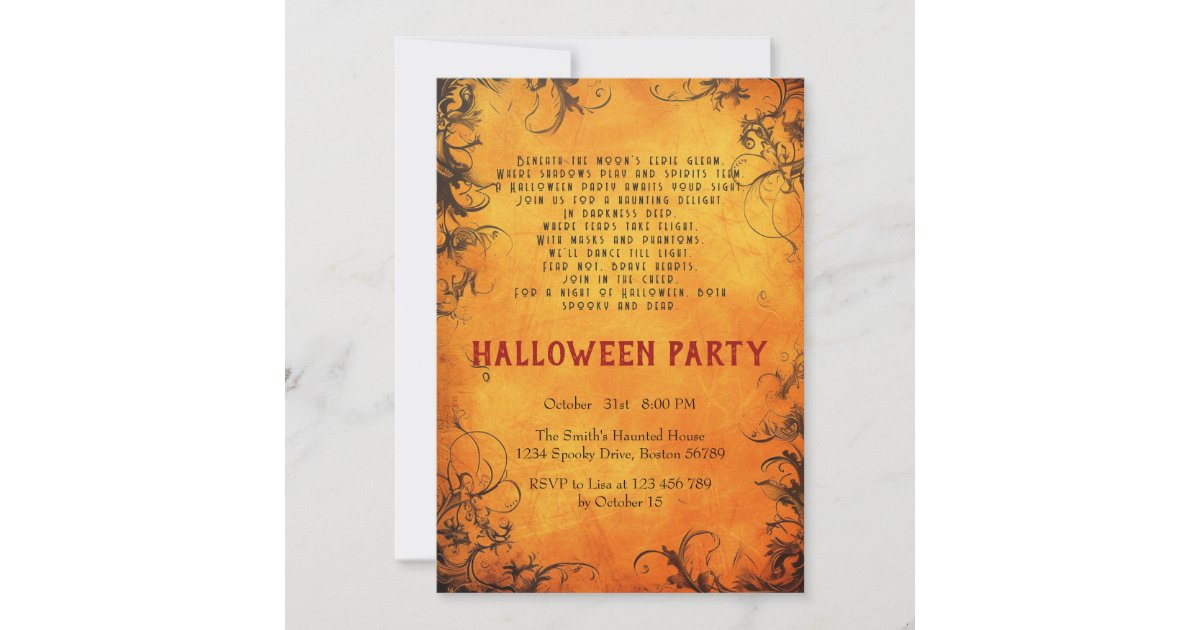 Elegant Poem and Dark trees Orange Halloween Party Invitation | Zazzle