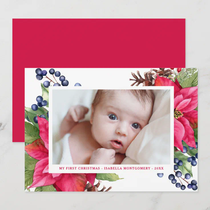 Elegant Poinsettia Berry My First Christmas Photo Holiday Card | Zazzle
