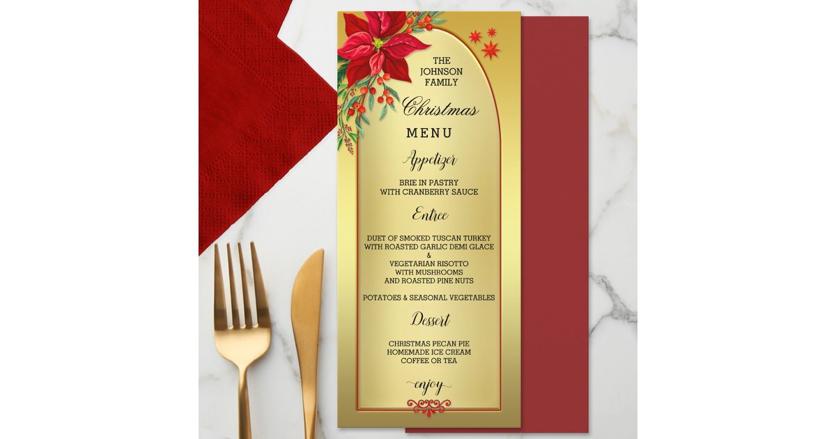 Elegant Poinsettia Gold Christmas Dinner Menu | Zazzle