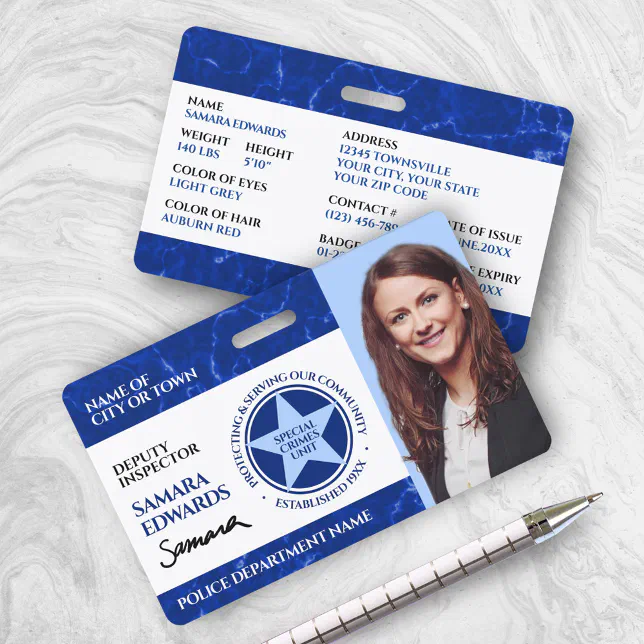 Elegant Police Officer Photo Signature Blue Marble Badge | Zazzle