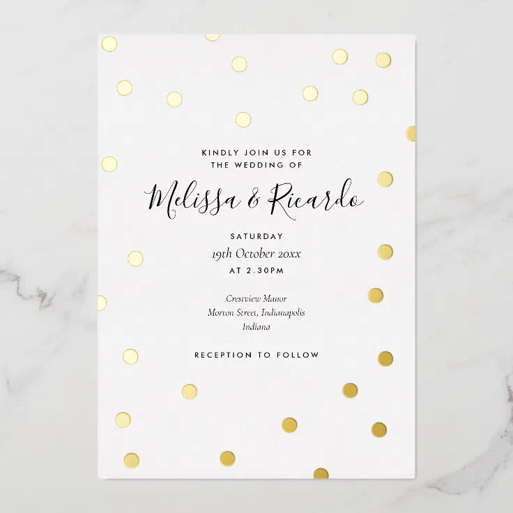 Elegant Polka Dots Wedding Gold Foil Invitation | Zazzle