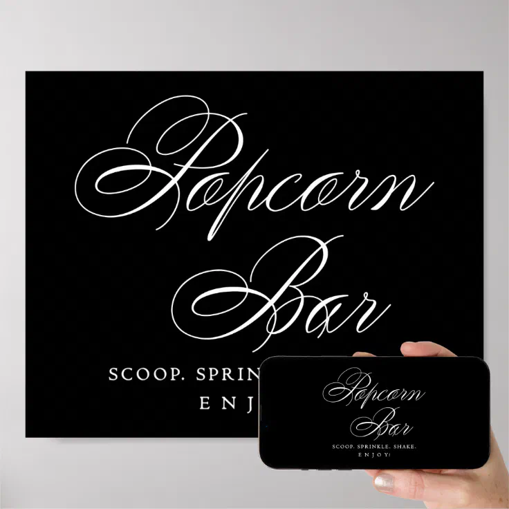 Elegant Popcorn Bar White Script | Treat Table Poster | Zazzle