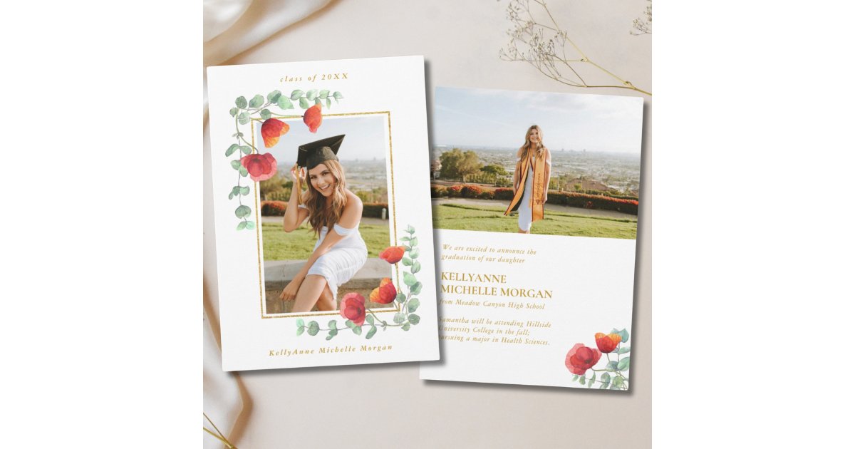 Elegant Poppy Watercolor Floral 2 Photo Graduation Announcement | Zazzle