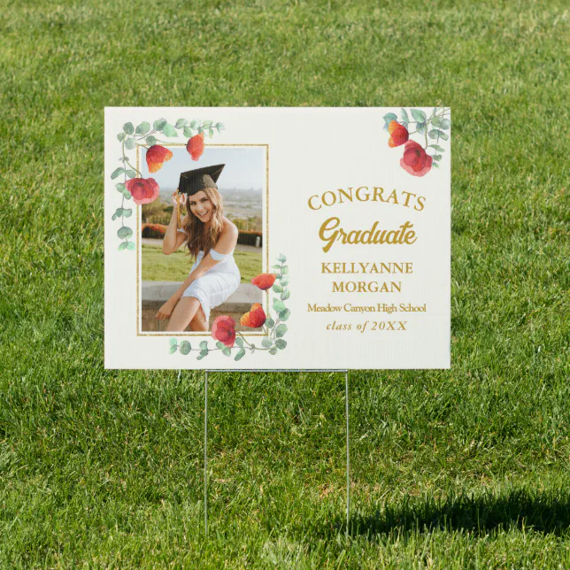 Elegant Poppy Watercolor Floral 2 Photo Graduation Sign | Zazzle