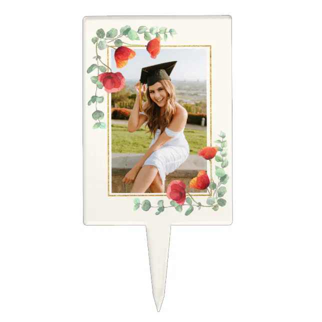 Elegant Poppy Watercolor Floral Graduation Cake Topper | Zazzle