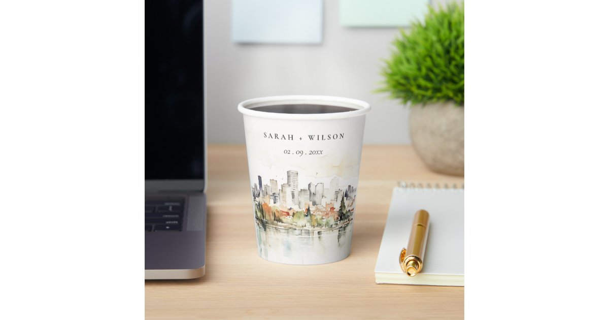 Elegant Portland Oregon Skyline Watercolor Wedding Paper Cups | Zazzle