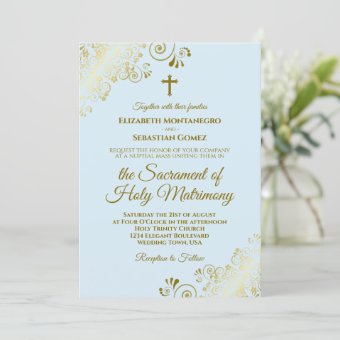 Elegant Powder Blue & Gold Modern Catholic Wedding Invitation | Zazzle